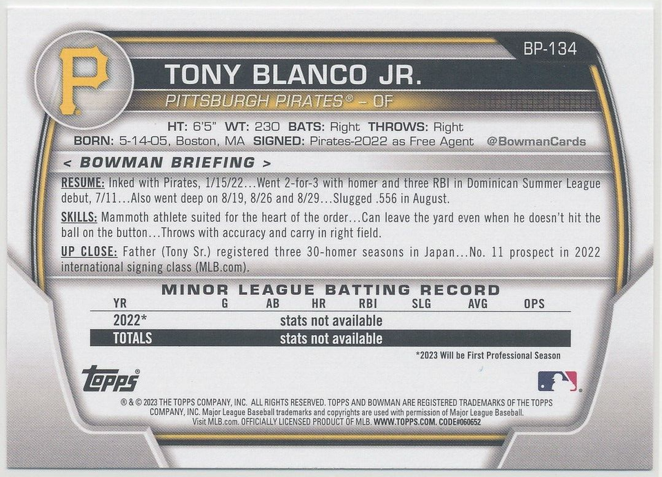 Tony Blanco Jr. - Pittsburgh Pirates - 2023 Bowman - 1st Bowman - #BP ...