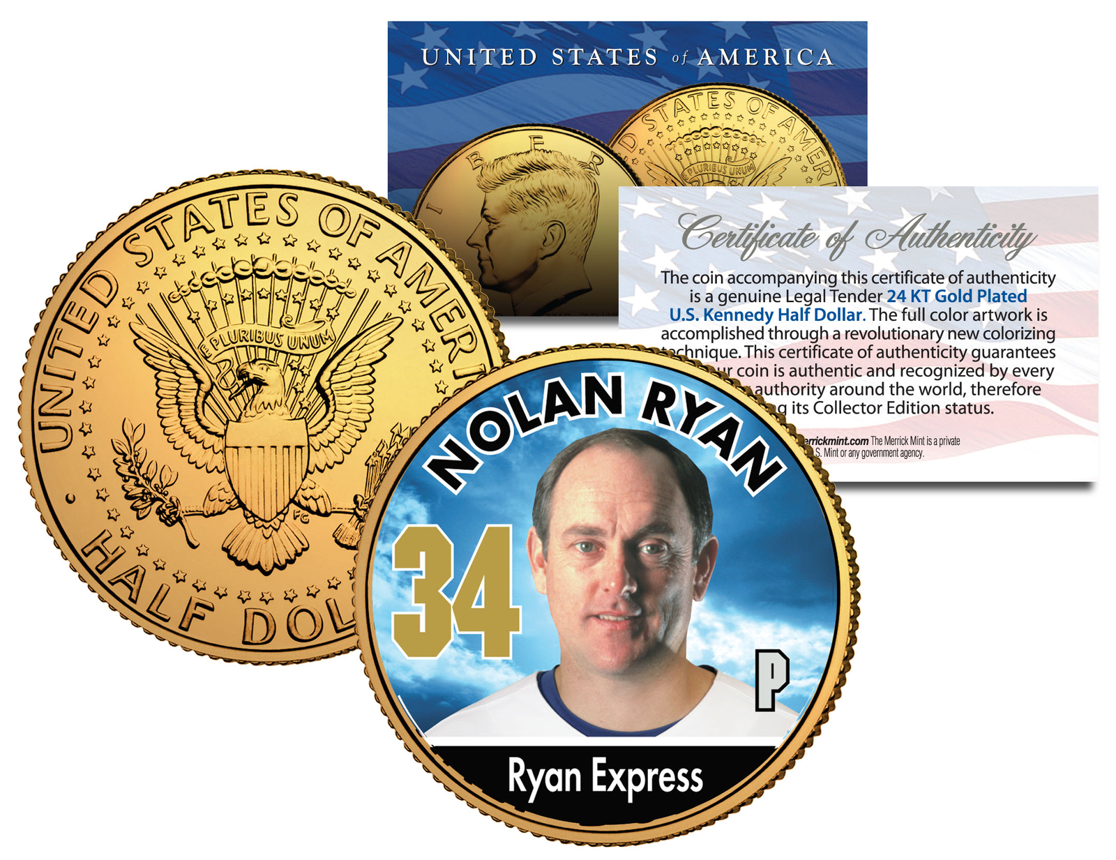 NOLAN RYAN * Baseball Legends * JFK Kennedy Half Dollar 24K Gold Plated ...