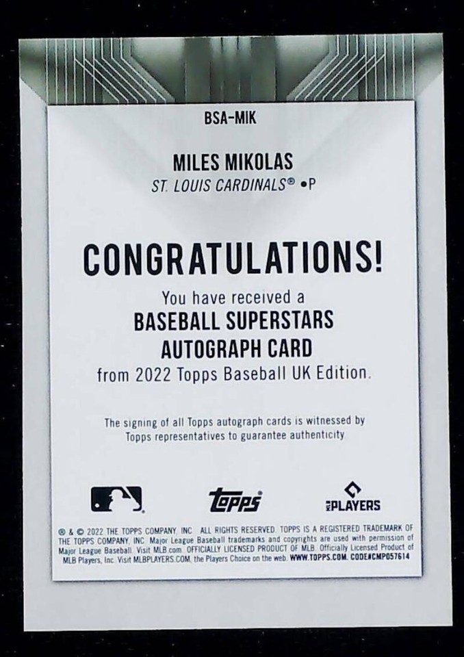 2022 Topps UK Edition Superstars Autograph Gold Miles Mikolas AUTO 12/ ...