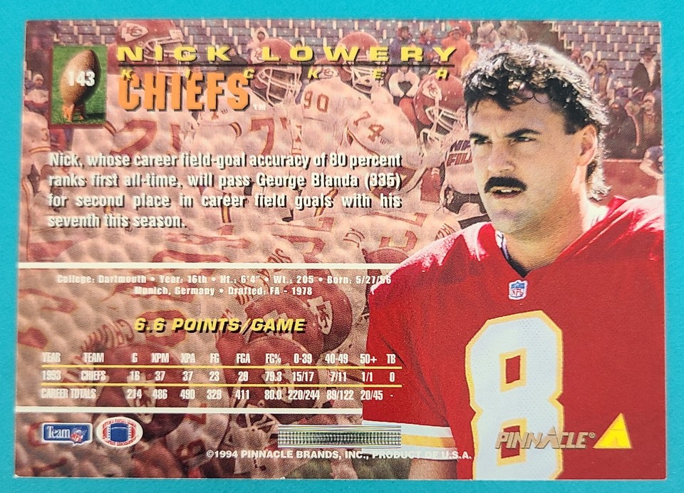 1994 Pinnacle #143 Nick Lowery Kansas City Chiefs FOOTBALL Card L7 | eBay