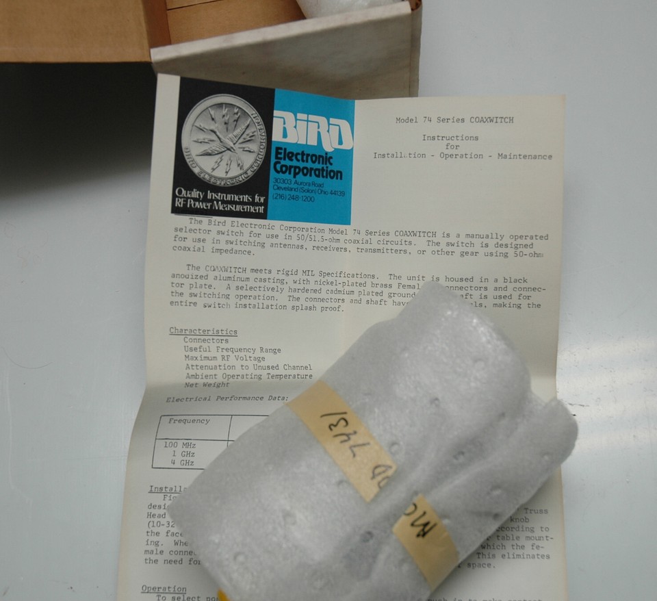 NEW/NOS/NIB -BIRD 7431 COAXIAL SWITCH- COAXWITCH 7431 - SWITCH-4 ...