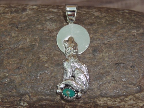 Native American Sterling Silver Green Turquoise Wolf Pendant by ...