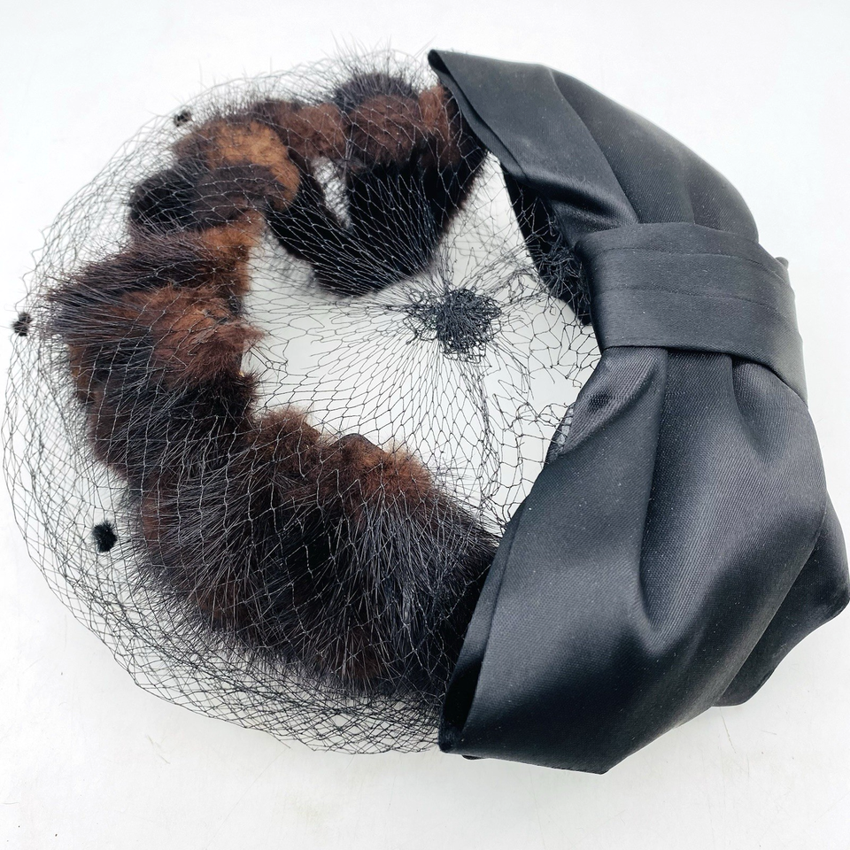 Mink & Satin Bow with Net Veil Ring Fascinator Pillbox Hat Black ...