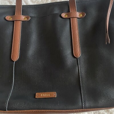 Fossil Felicity Tote Bag Black Brown Multi Handle Shoulder Zipper Purse ...