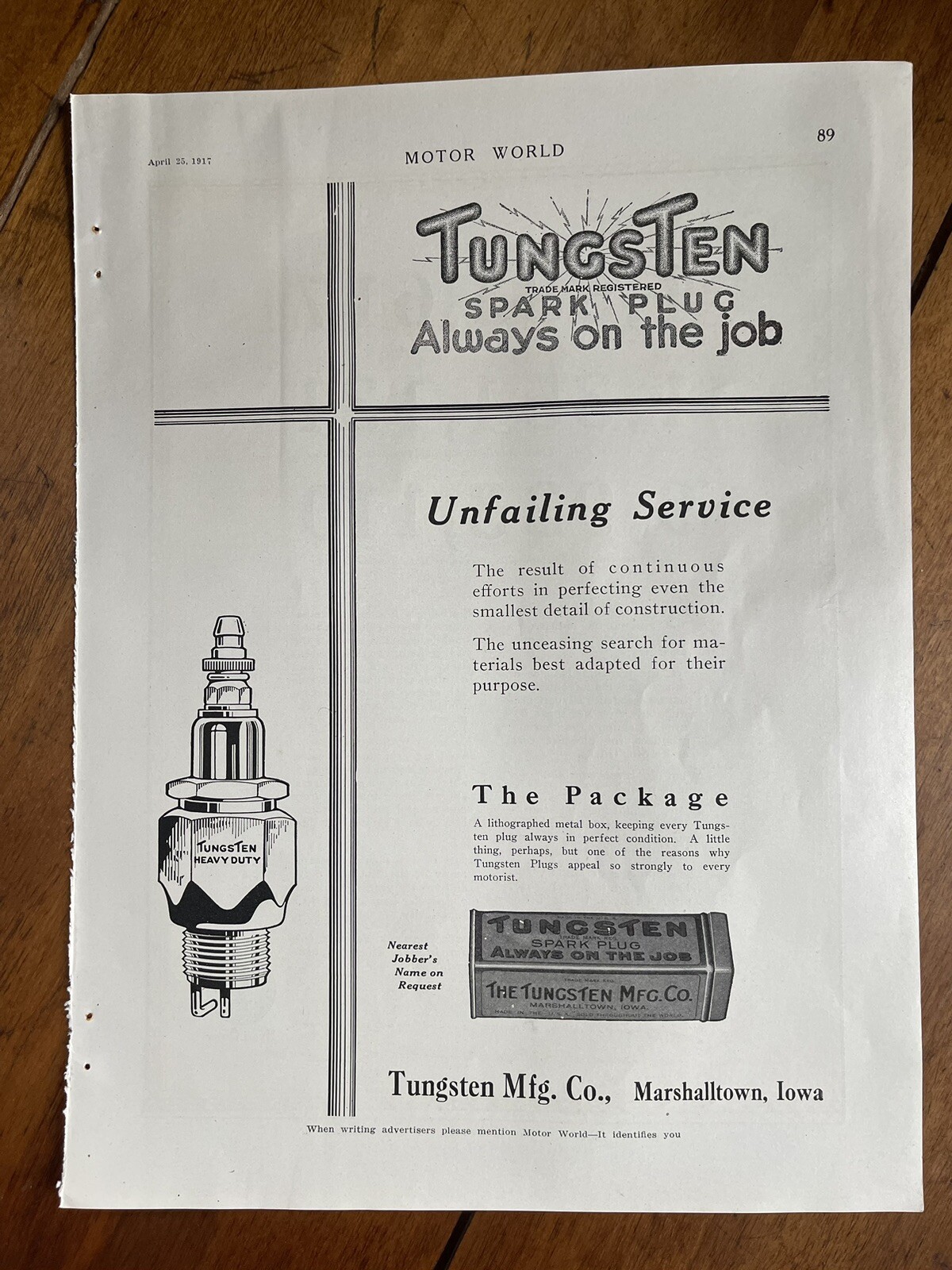 1917 TUNGSTEN SPARK PLUG Ad -original Advertisement - Nice Advertising ...