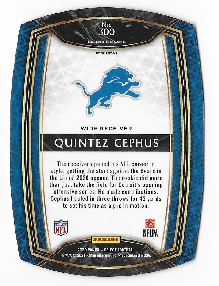 Quintez Cephus 2020 Select Club Level Purple Prizm Rookie #300 Lions ...