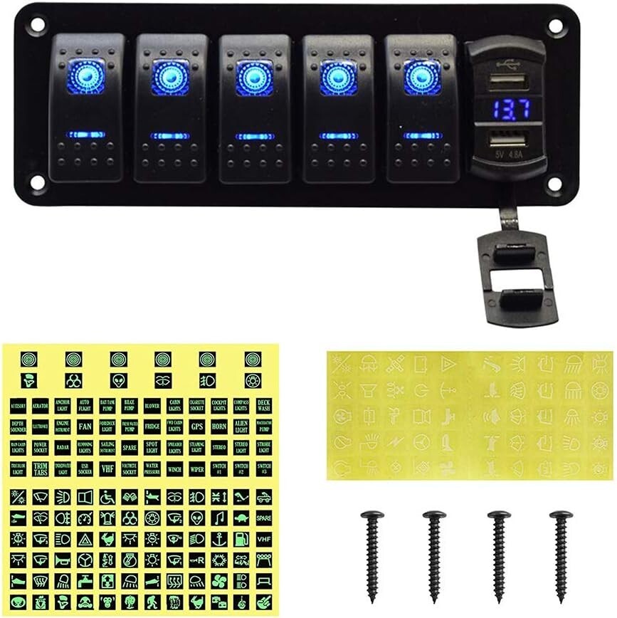 5 Gang Rocker Switch Relay Function Control Module Multifunction USB ...