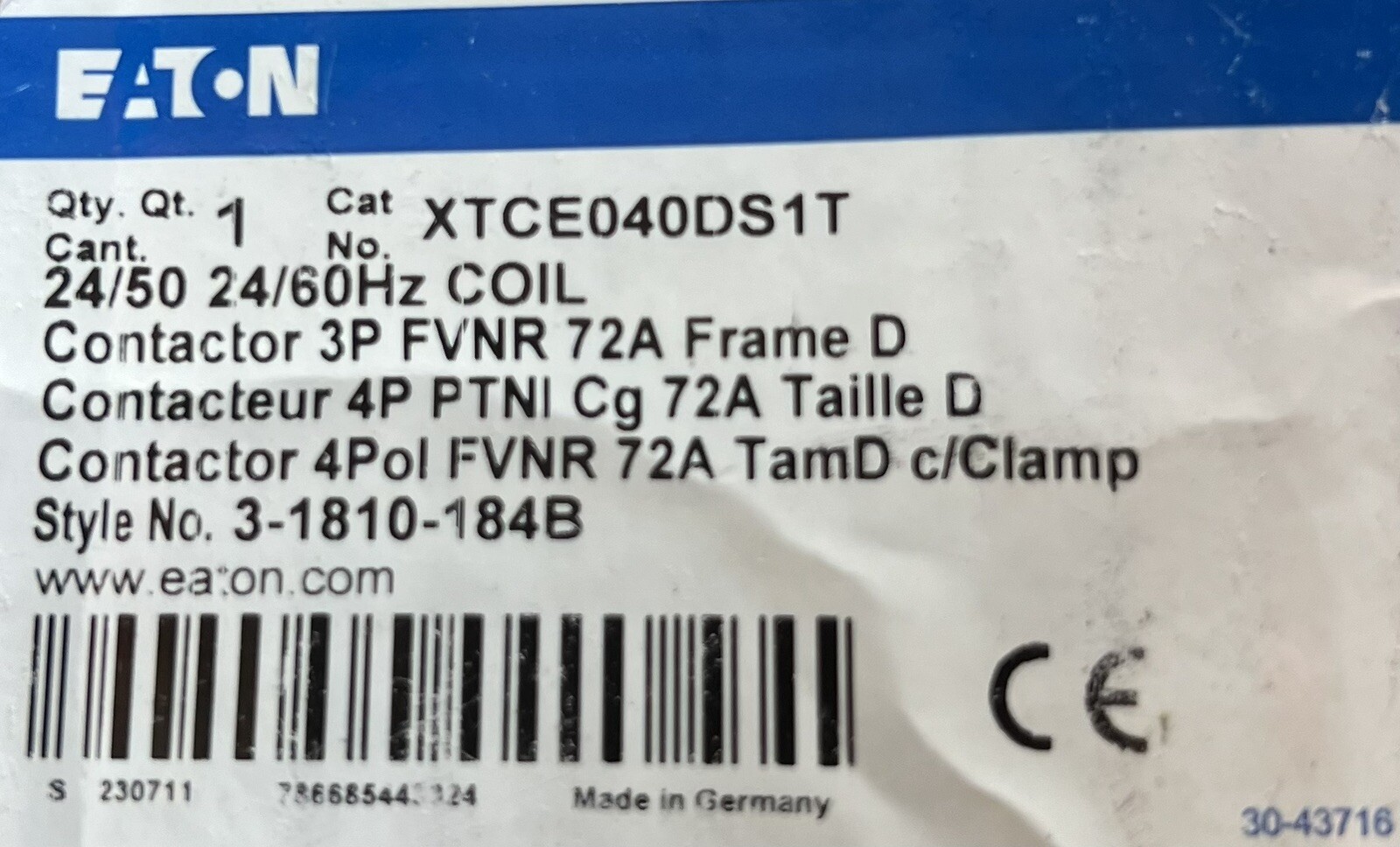 Eaton XTCE040DS1T Contactor 40-Amp 3-Pole 24-V 50/60-Hz Coil | eBay