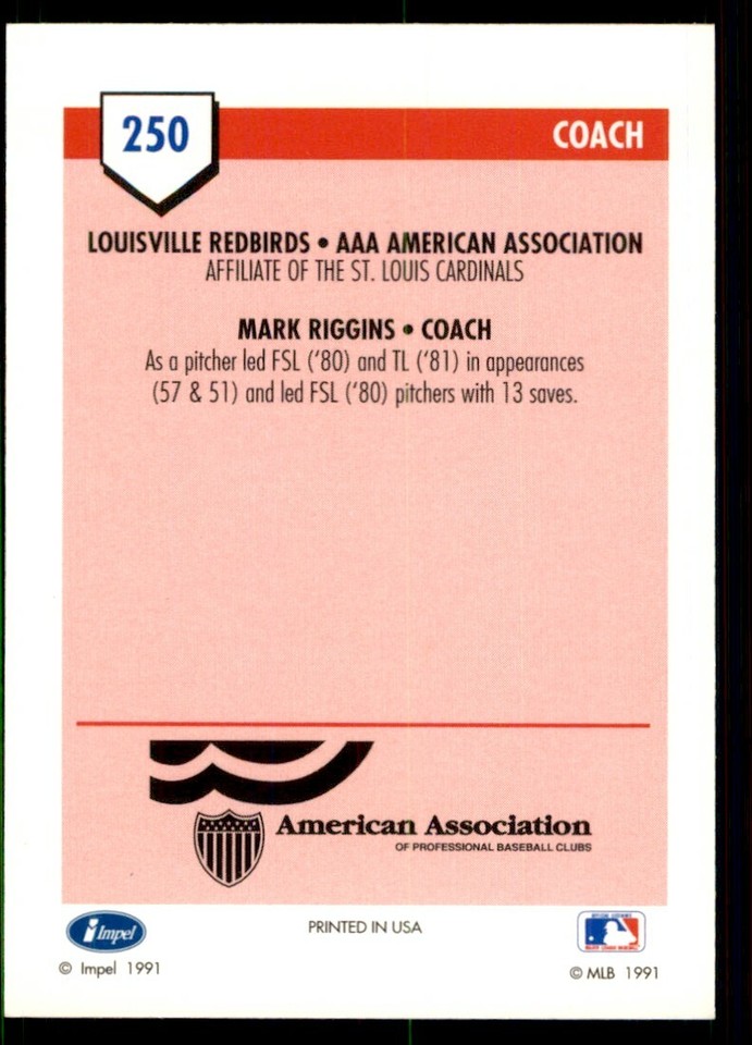 1991 Line Drive AAA Mark Riggins Louisville Redbirds #250 | eBay