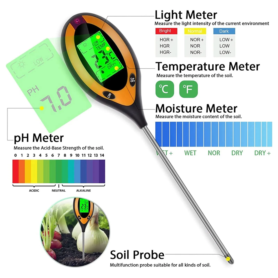 4 in 1 PH Tester Soil Water Moisture Light Test Meter for Garden Plant ...