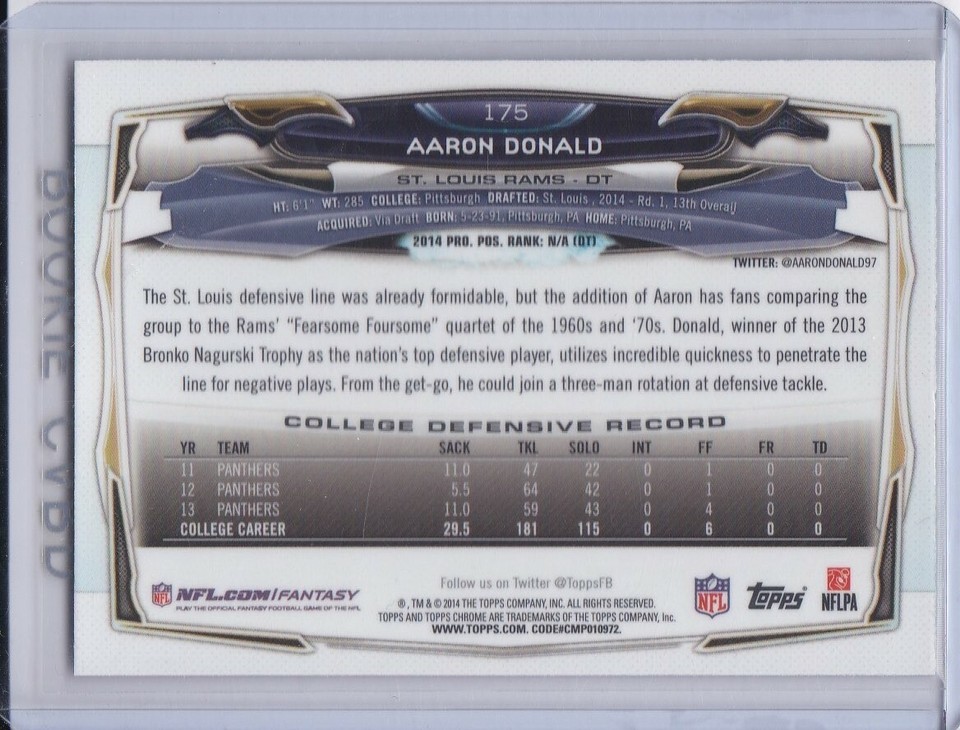AARON DONALD ROOKIE CARD 2014 Topps Chrome $$ RC Football LOS ANGELES ...