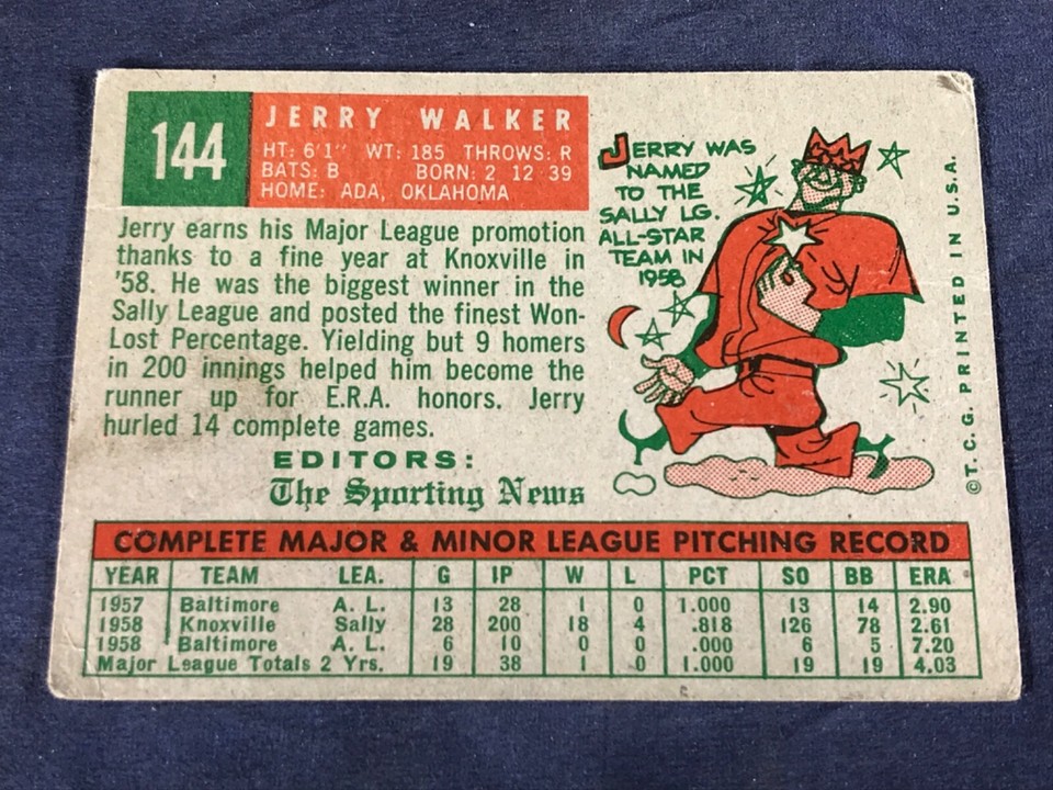 P4-48 BASEBALL CARD - JERRY WALKER BALTIMORE ORIOLES - 1959 TOPPS ...