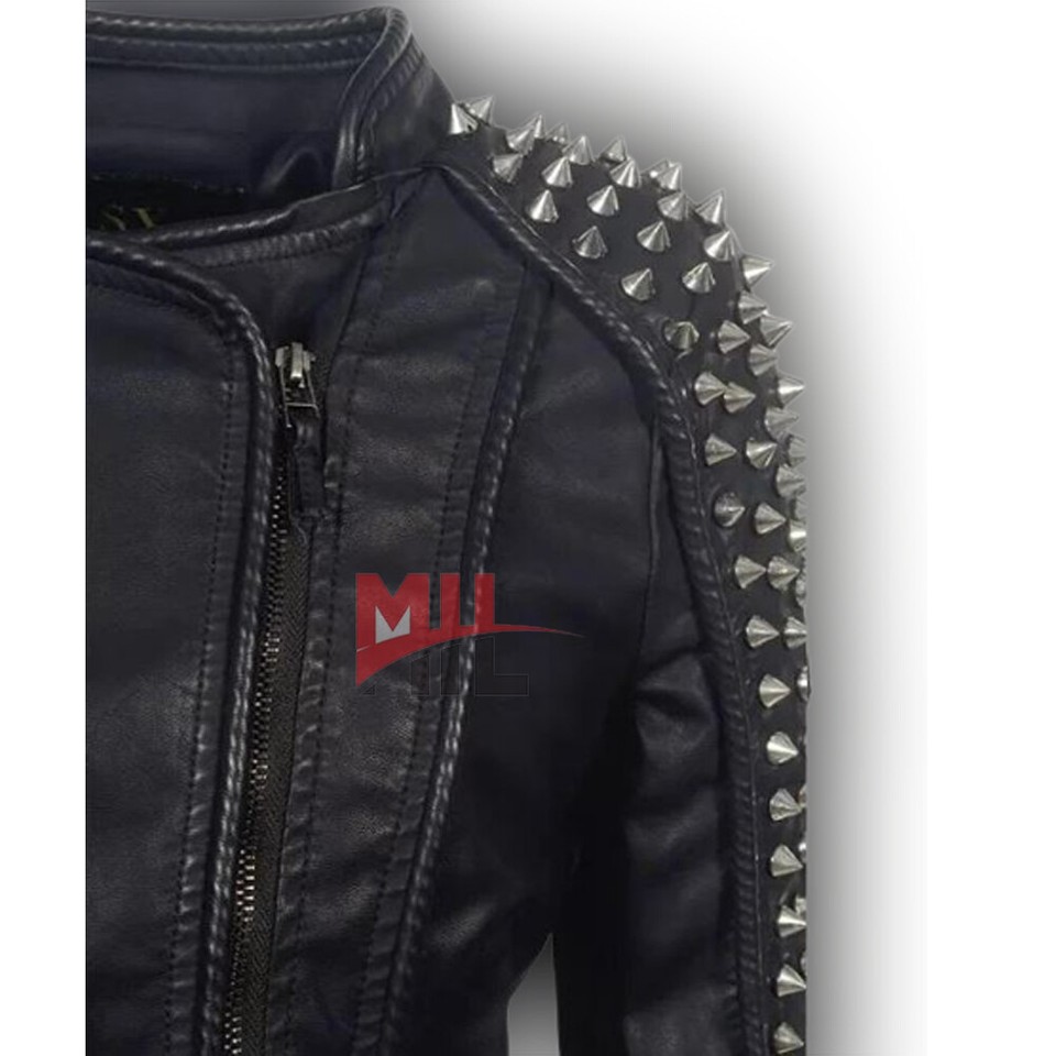 Handmade Women Black Studded Genuine Leather Jacket, Side Zipper Style ...