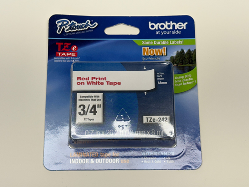 Brother P-Touch TZe-242 3/4" Red Print on White Tape Laminated | eBay