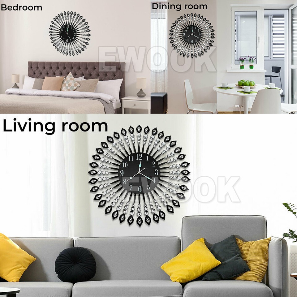 Large 3D Modern Crystal Wall Clock Luxury Golden Glass Round Dial Home ...