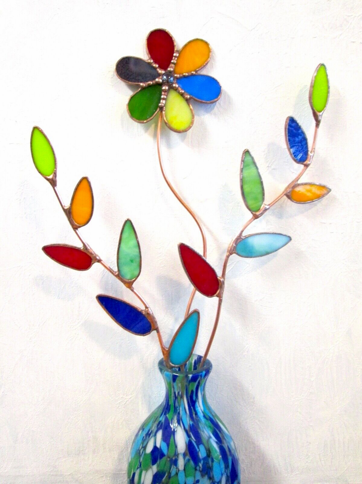 Stained Glass Flower Garden Stakes Set (Multicolor Stems x2 & Flower ...
