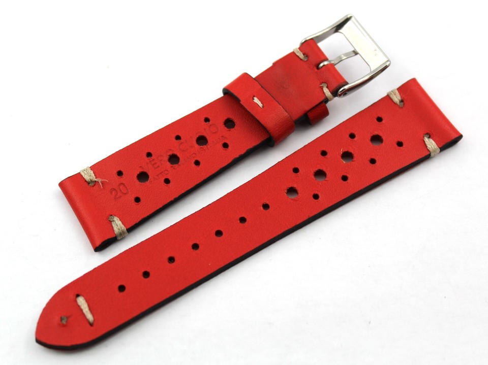 Watch Strap Racing Real Leather Red 20/16mm Quality Replacement Steel ...