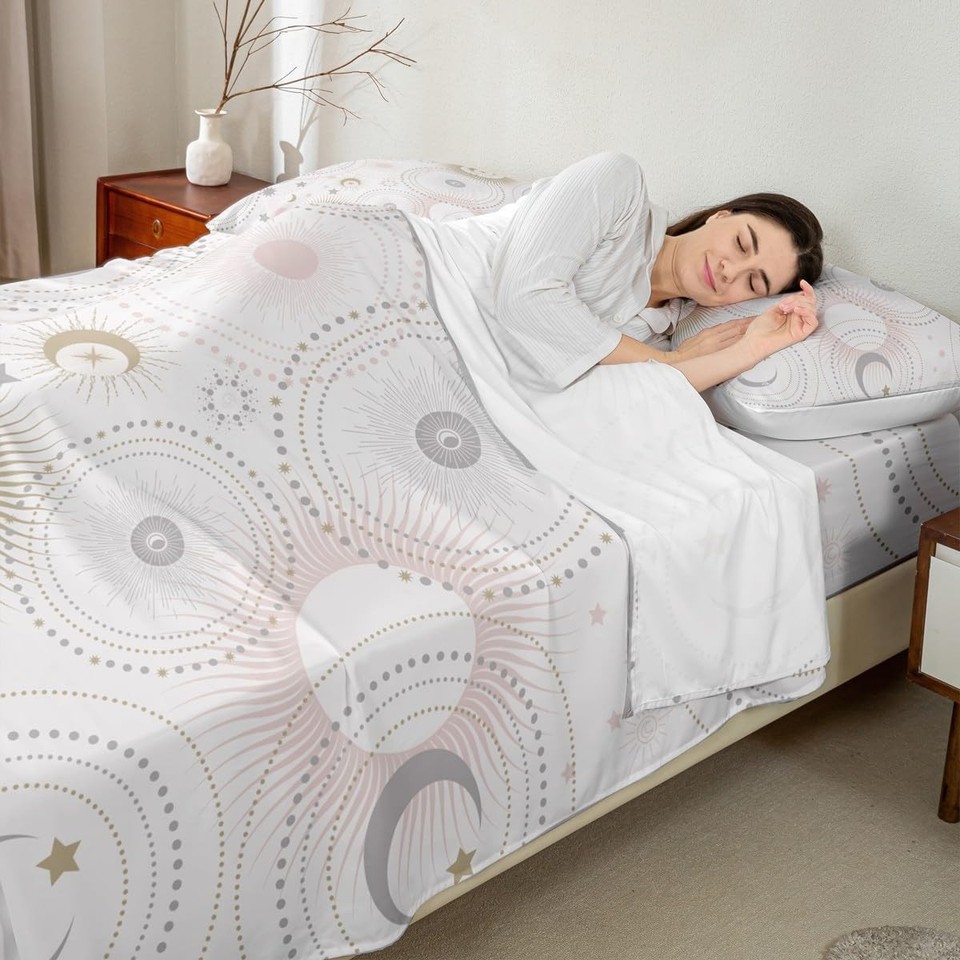 Stars and Moon Fitted Sheet King Size,Pink Golden Grey Shiny Planets ...