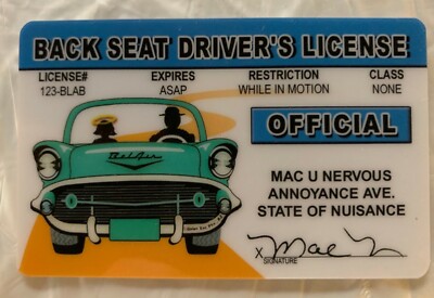 Back Seat Drivers License Joke Novelty ID Backseat Driver Fun Funny ...
