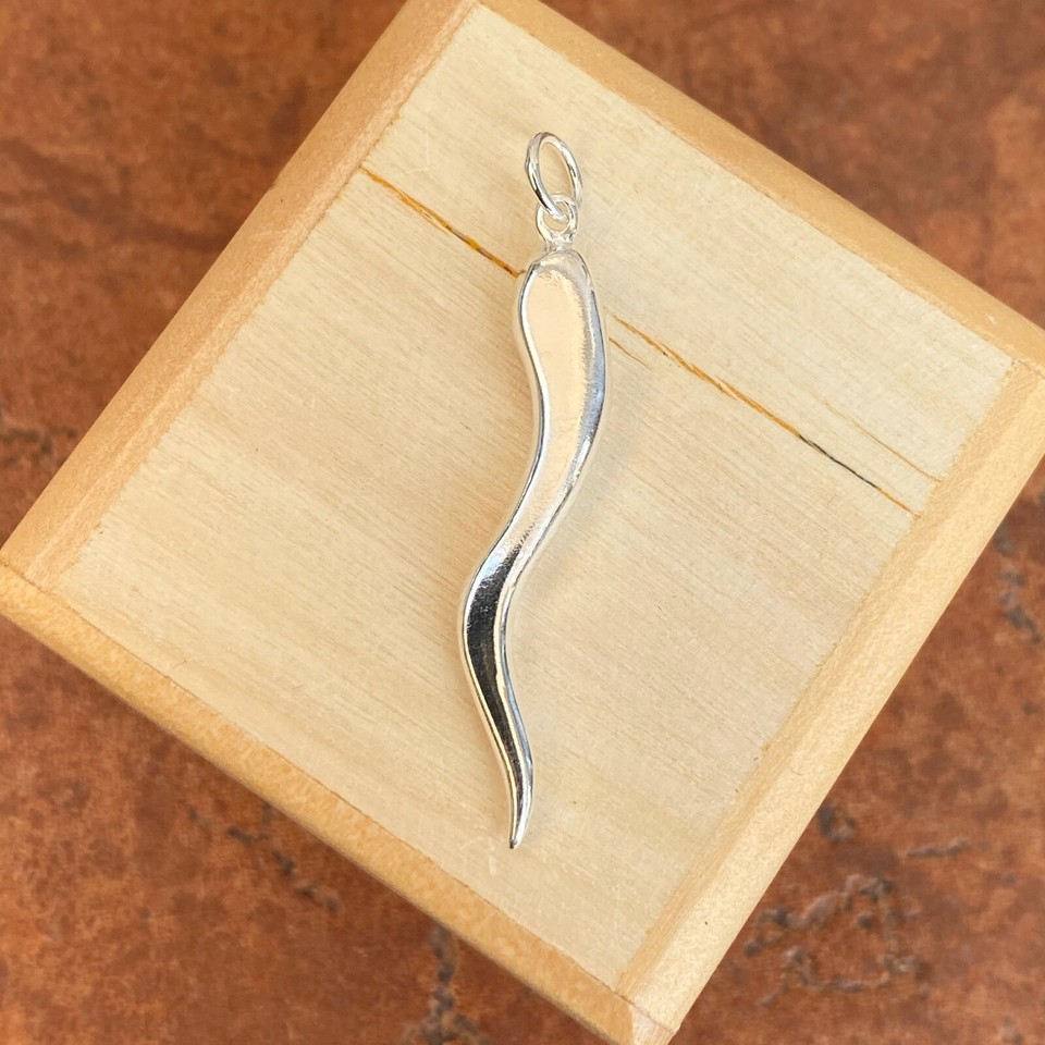 Sterling Silver Polished "Cornicello" Corno Italian Horn Pendant 40mm ...