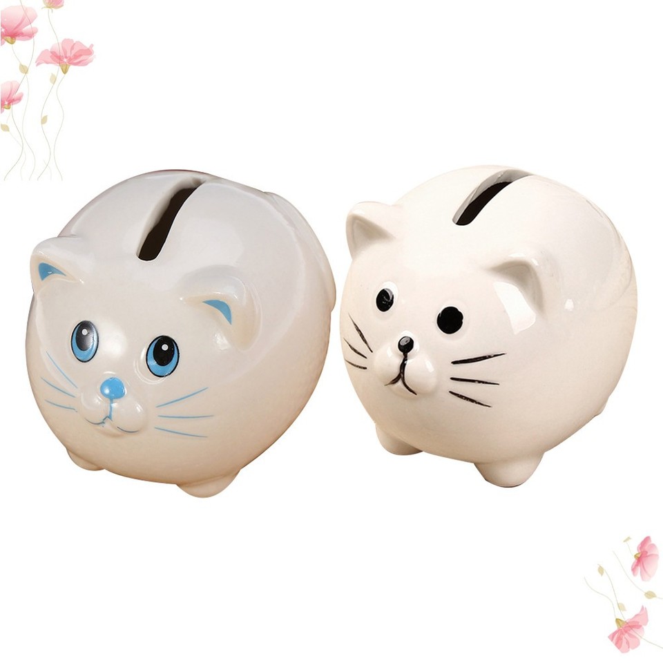 2Pcs Ceramic Piggy Bank Cat Safe Money Coins Banknotes Saving Box for ...