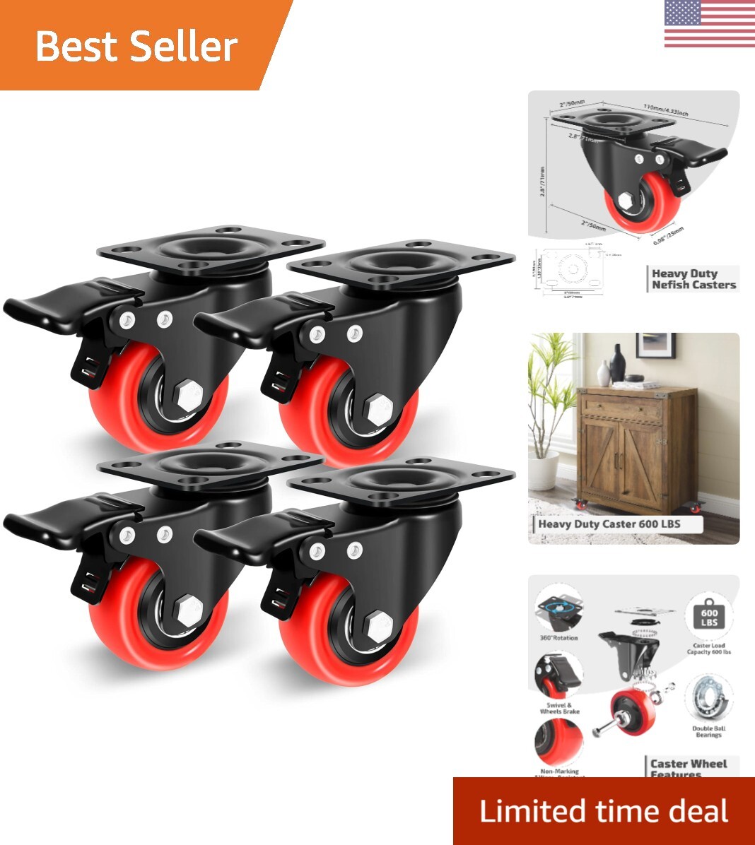 Easy Installation 2-Inch Locking Caster Wheels Set of 4 - Bonus Screws ...