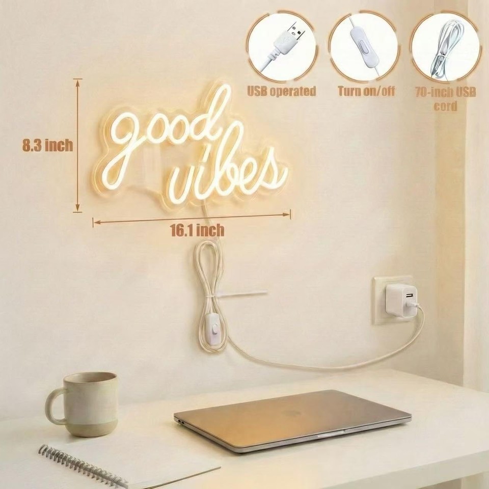 Good Vibes Neon Sign Warm White, Boho LED Light for Wall Decor, Living ...