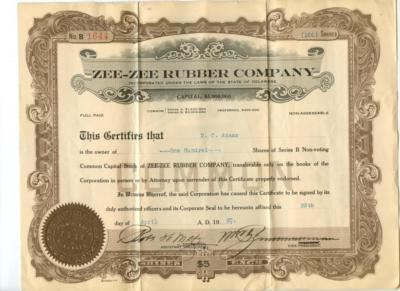 DELAWARE 1920 Zee Zee Tire & Rubber Company Stock Certificate Early ...