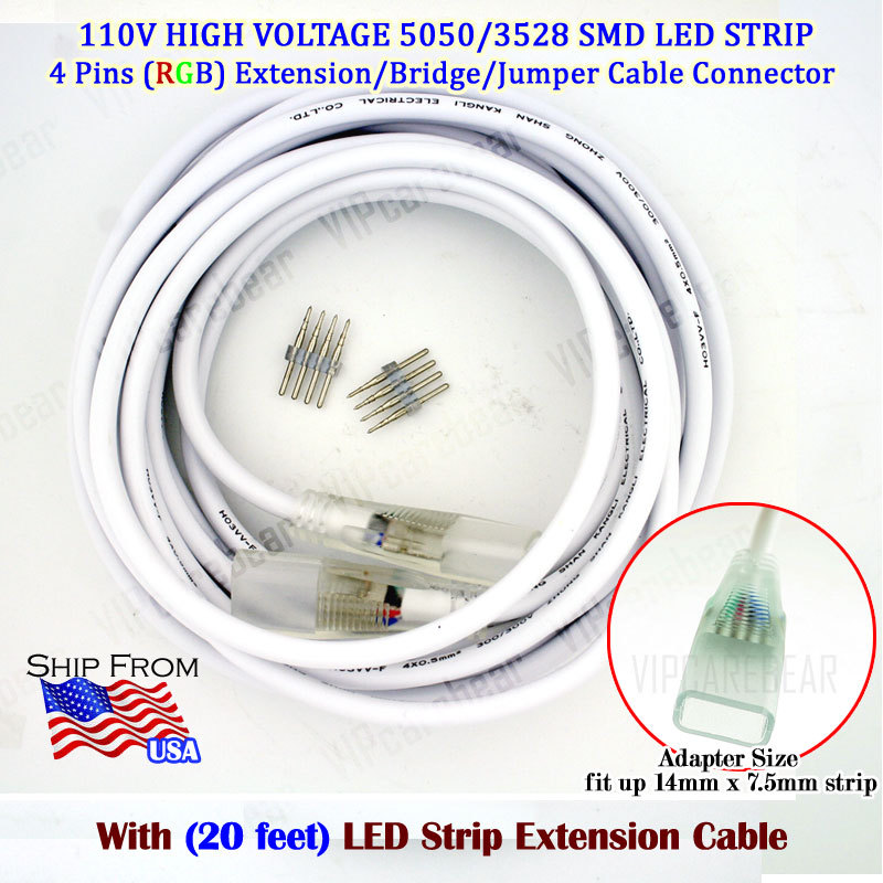 20ft 4Pins 110V High Voltage Extension/Bridge Cable4 5050/3528 SMD RGB ...