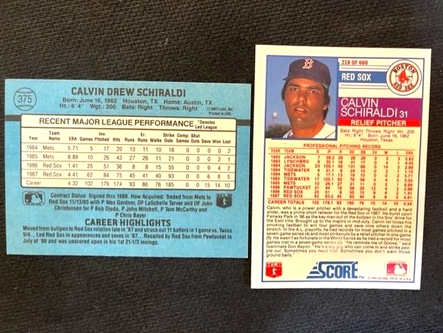 MLB - Calvin Schiraldi 1988 Donruss & 1988 Score Baseball - Red Sox | eBay