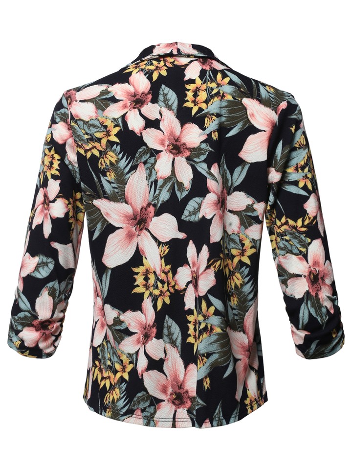 FashionOutfit Women's Solid/Print Stretch 3/4 Gathered Sleeve Open ...