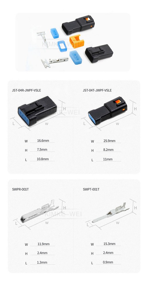 BLACK 4 Pin/Way JST JWPF Waterproof Connector Plug Socket Kit 04T/04R ...
