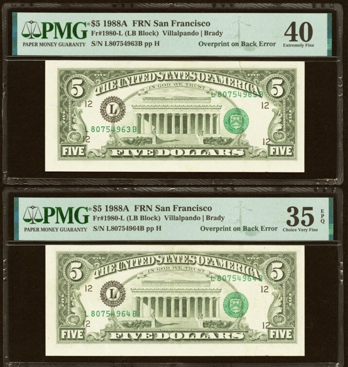 2 Consecutive 1988A $5 Overprint on Back Error PMG 40/35 Mix Ladder ...