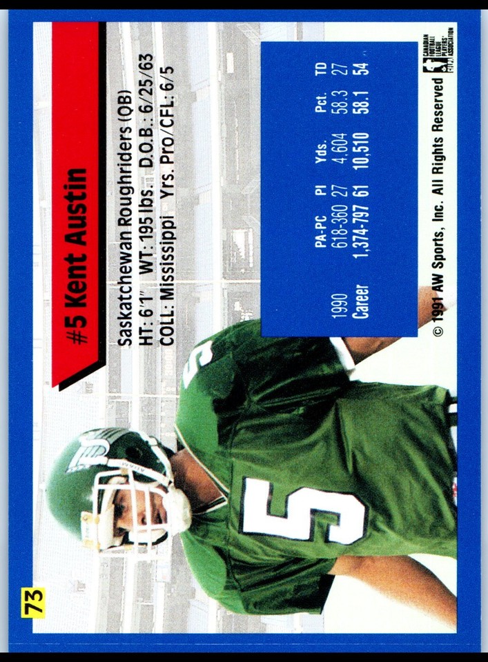 1991 All World CFL #73 Kent Austin Near mint or better | eBay