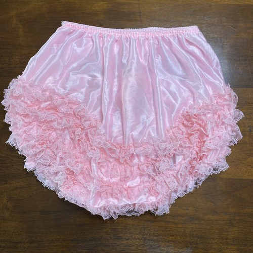 VTG Frilly Panties Lace Ruffles Double Nylon Gusset Silky Sheer PINK ...