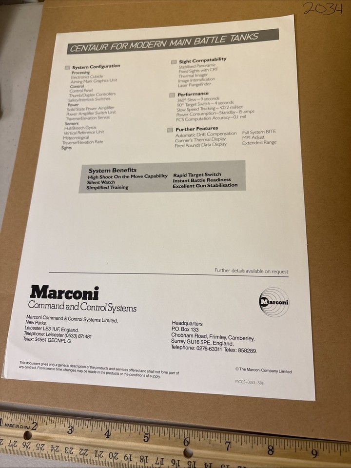 VTG Marconi Centaur Weapon Control System Main Battle Tank Brochure ...