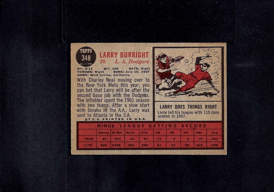 1962 TOPPS #348 LARRY BURRIGHT--(RC)--DODGERS--NO CREASES--EX/MT/NR ...