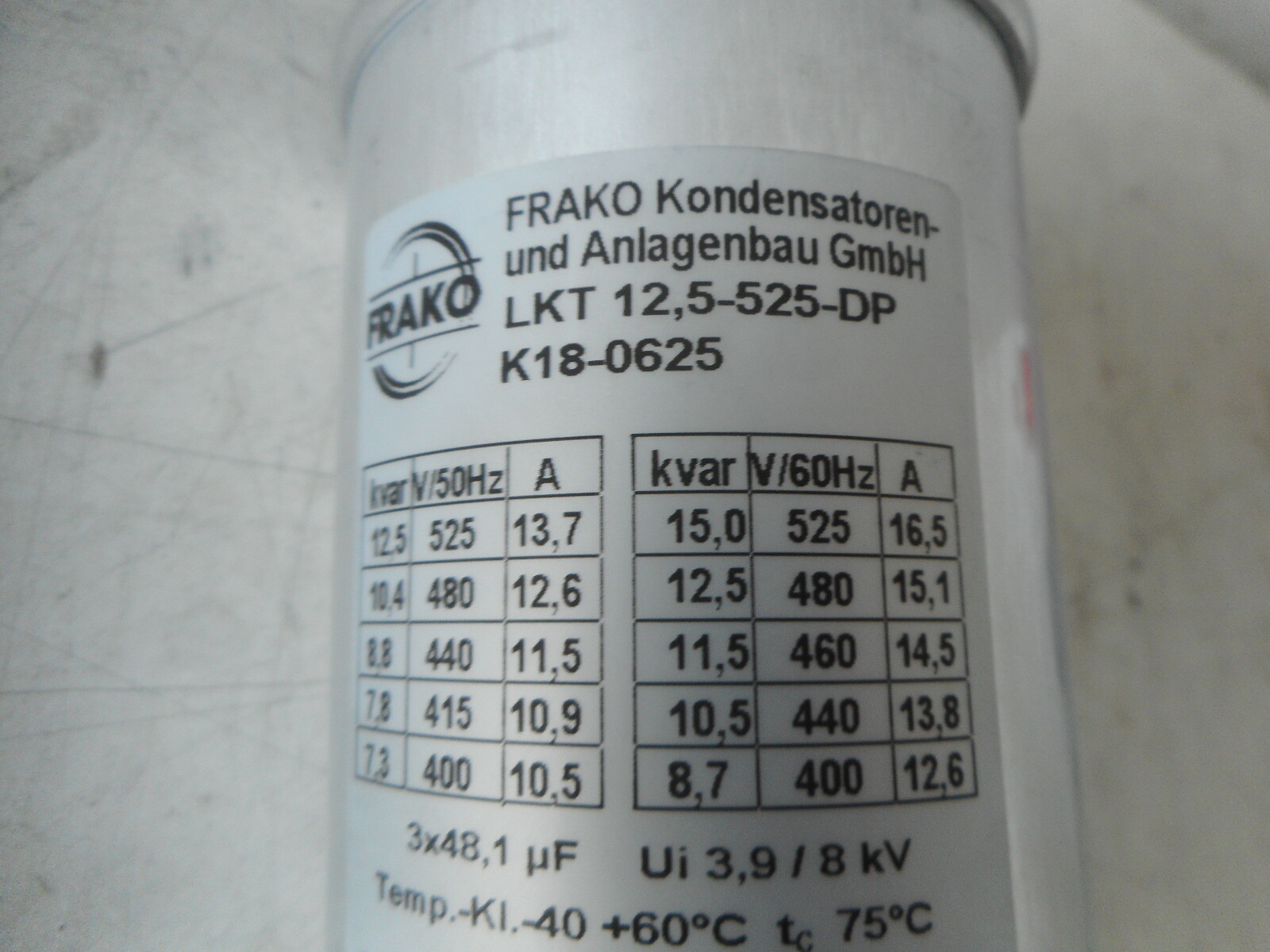 Frako Power Factor Correction Capacitor LKT12,5-525-DP -- K18-0625 ...