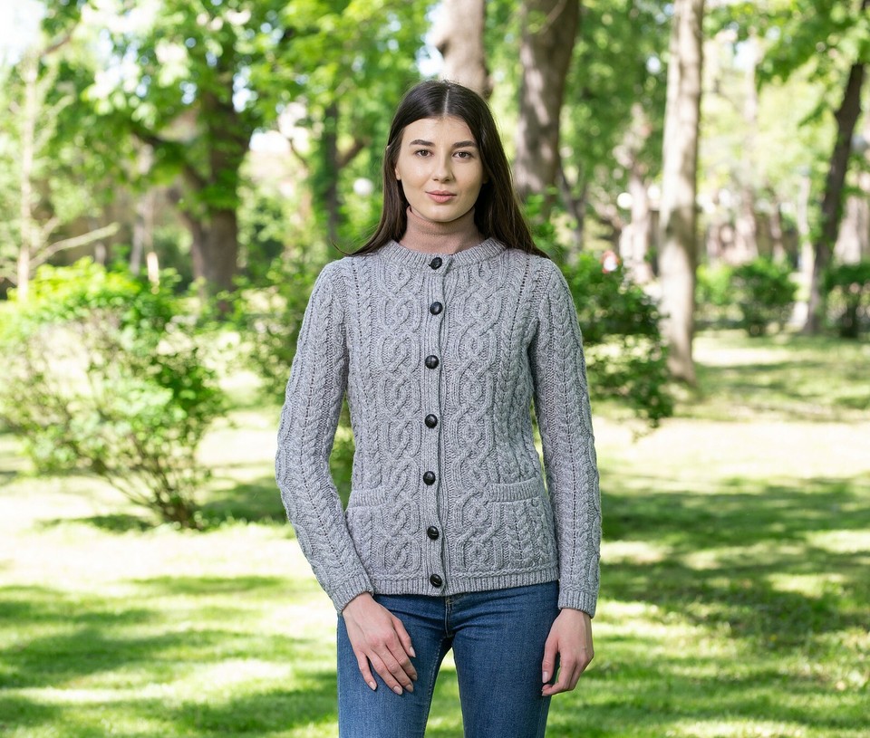 SAOL Aran Cardigan Sweater Women's 100% Merino Wool Cable Knitted ...