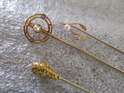 VTG LOT-3 STICK PIN 14K ROSE & YELLOW GOLD WISHBONE PEARL-BATON-BLUE ...
