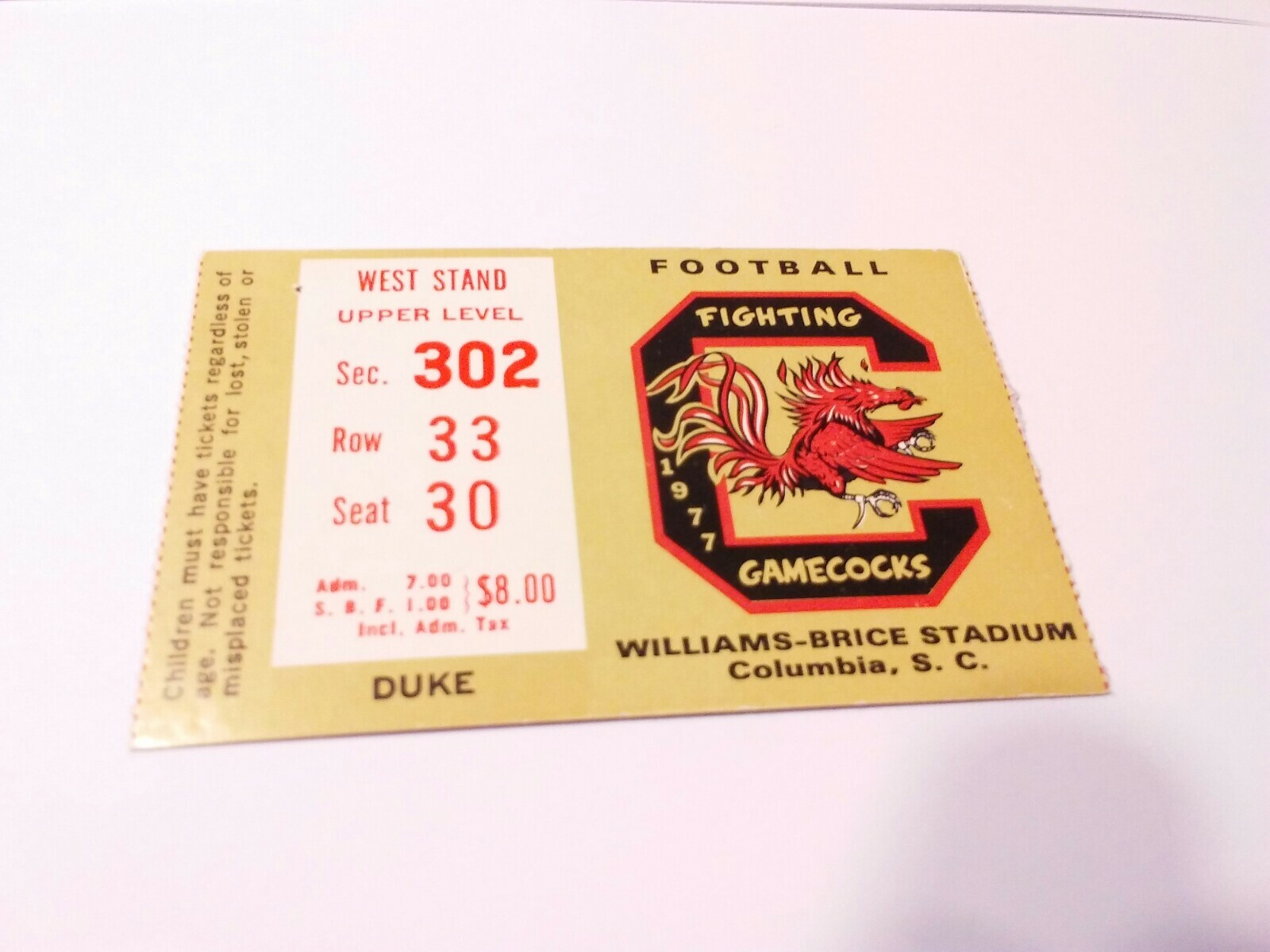 1977 South Carolina Gamecocks Duke Football Ticket Stub | eBay