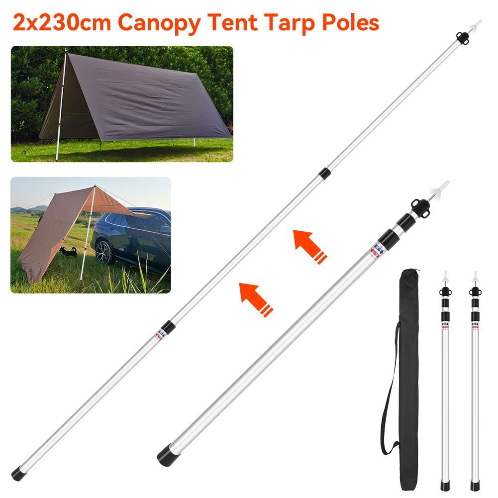 2x 2.3M Tarp Tent Poles Telescopic Adjustable Aluminum Awning Canopy ...