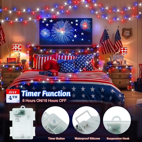 4Th of July Decorations Red White and Blue Lights String Total 100 LED ...
