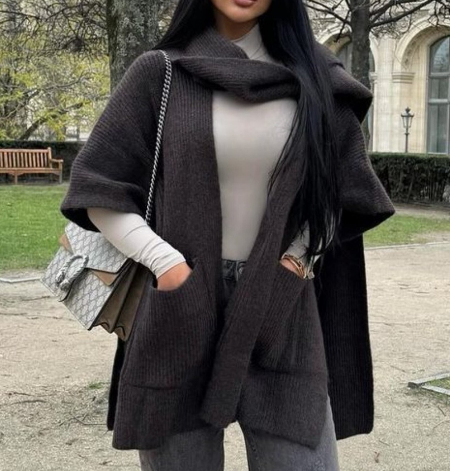 ZARA BROWN OVERSIZED CHUNKY KNIT CAPE CARDIGAN WITH DRAPED NECK SCARF ...