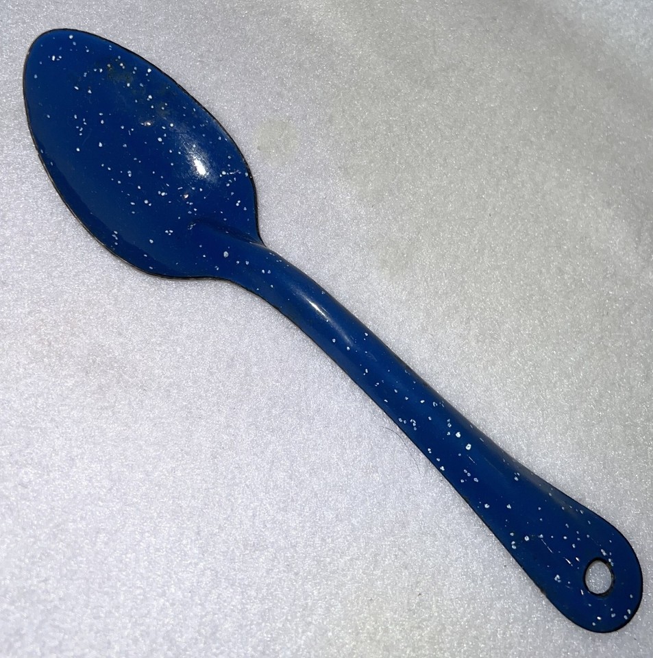 Vtg Blue Speckled Enamel Stirring Serving Spoon Enamelware Spatterware ...