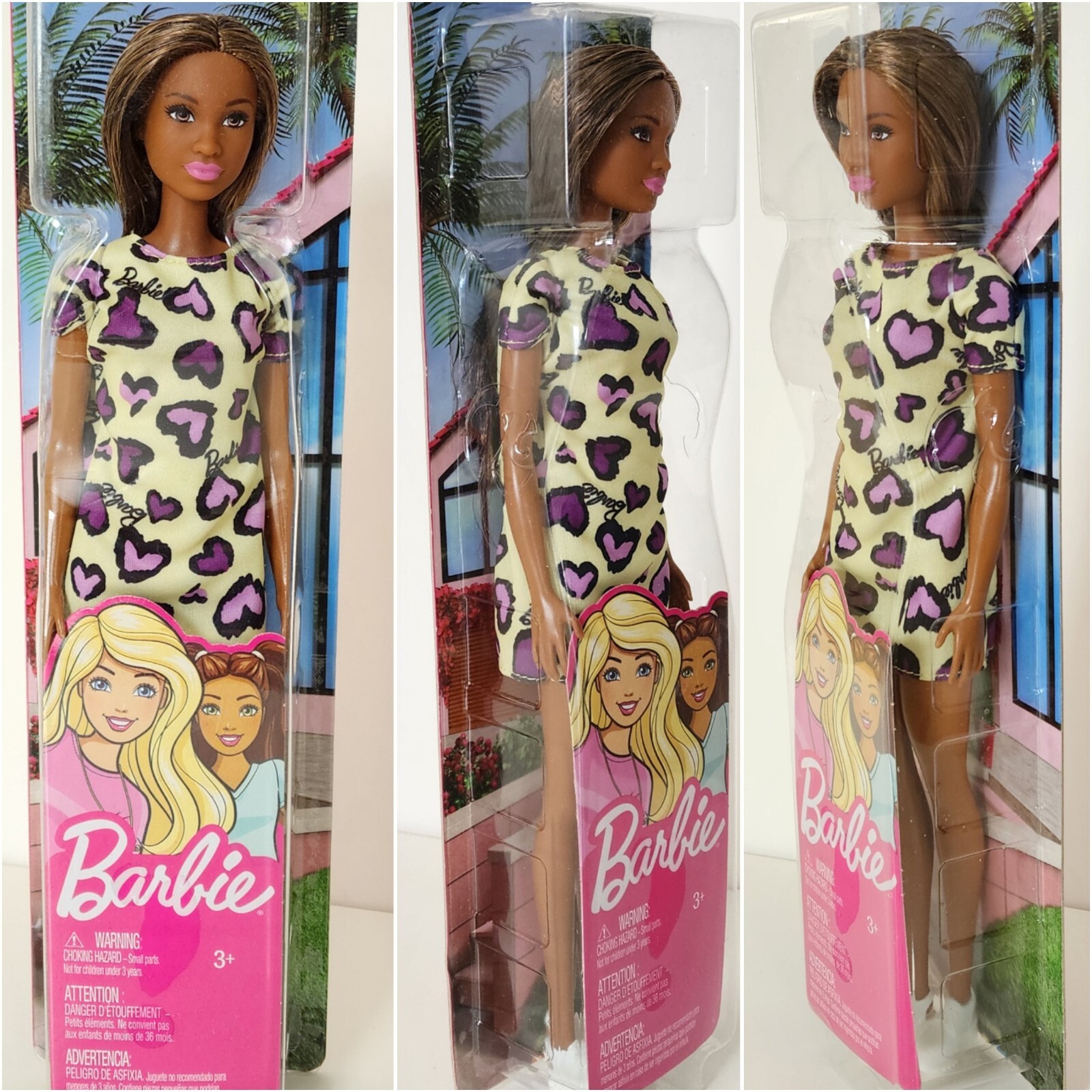 Black Hispanic Barbie Doll Brown Hair Heart Print Dress Fashion Doll ...