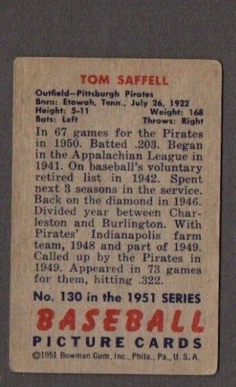 Tom Saffell 1951 Bowman authentic autographed card Pirates | eBay