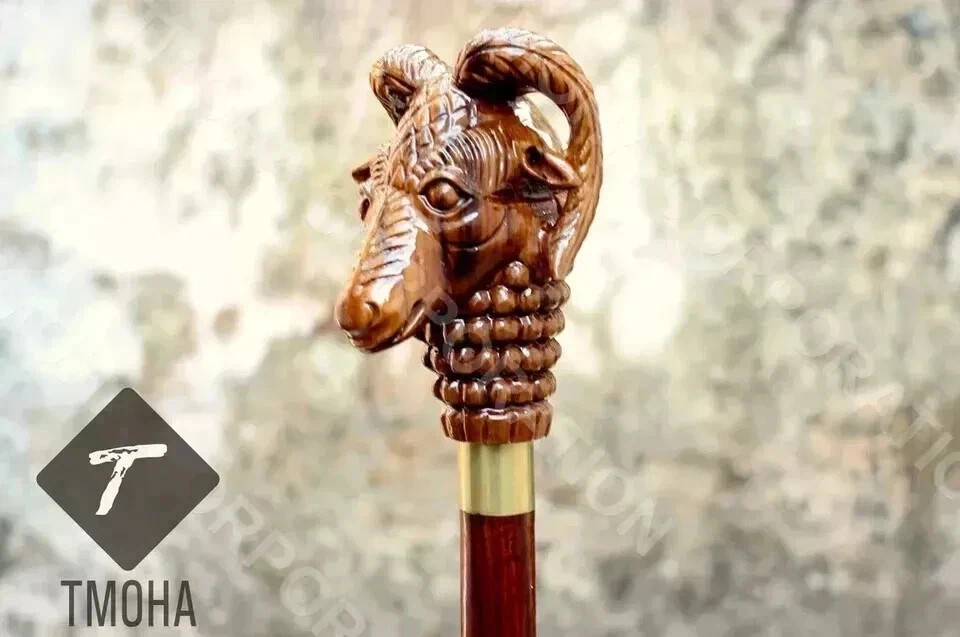 Rare Antique Cane Walking Stick Goat Head Design Handle Walking Cane ...