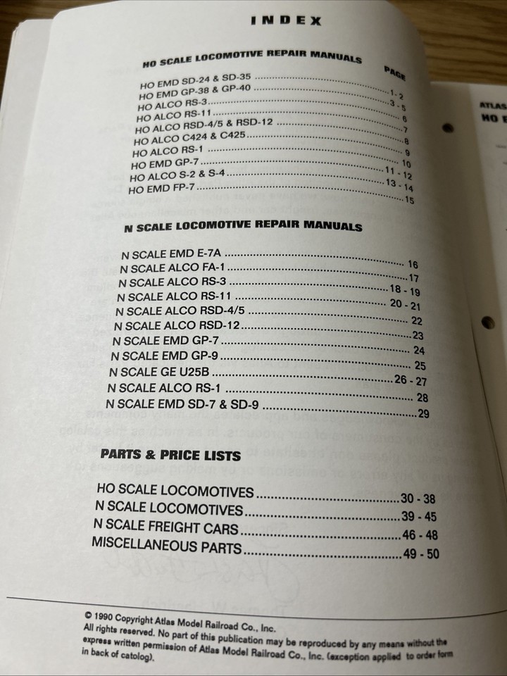 1990 ATLAS MODEL RAILROAD CO. PARTS CATALOG, PARTS DIAGRAMS/ REPAIR ...