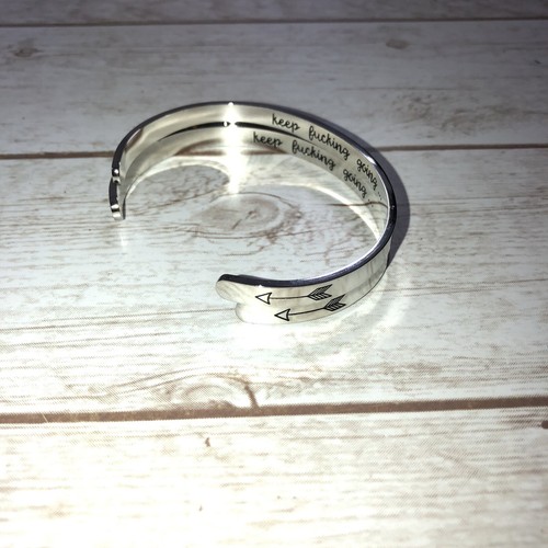 Stainless Steel Silver Inspirational Cuff Bracelet KEEP GOING Engraved ...